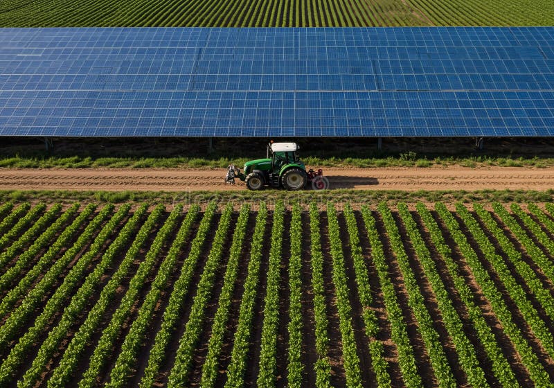 Rows of Crops Thrive Alongside Solar Panels, Showcasing the Synergy of ...