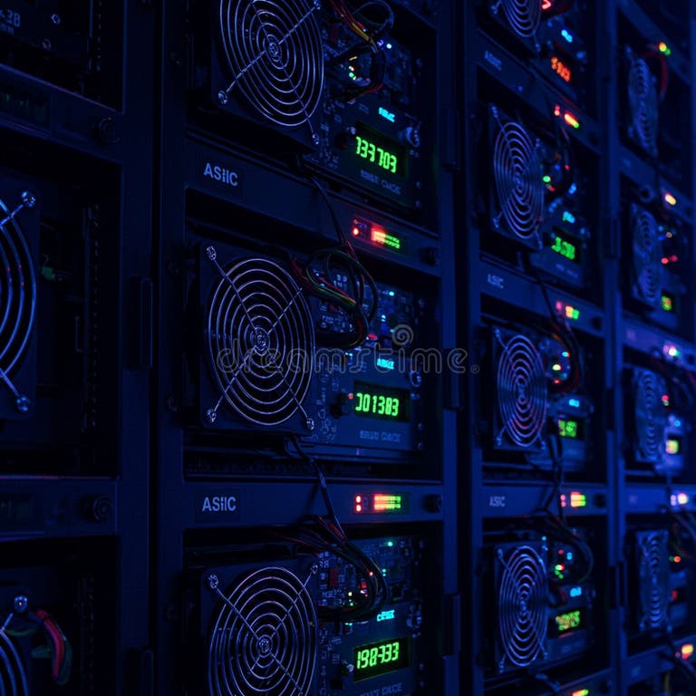 Rows of Cryptocurrency Mining Rigs are Housed in a Dimly Lit ...
