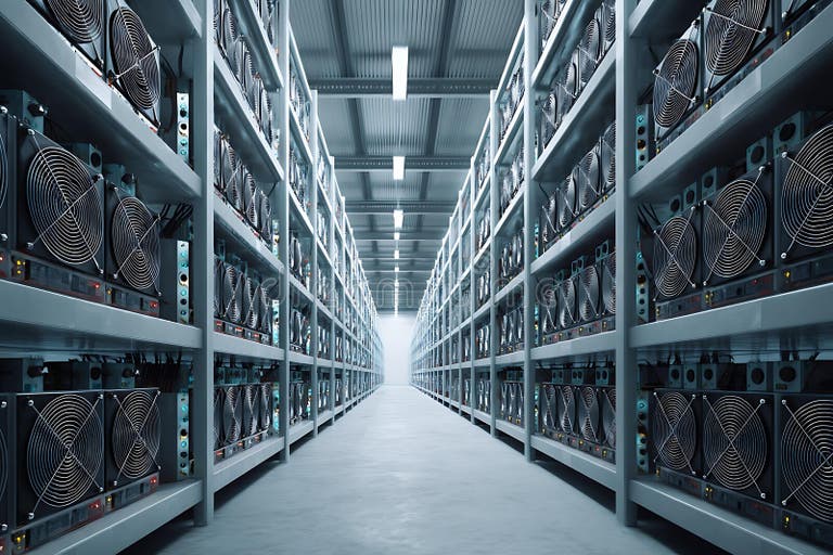 Rows of Cryptocurrency Mining Servers in a Data Center Creating a ...