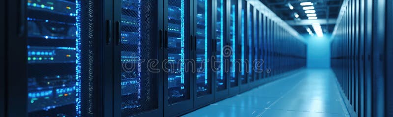 Rows of Dark Blue Server Racks Filled with Tech Equipment. Bright Blue ...