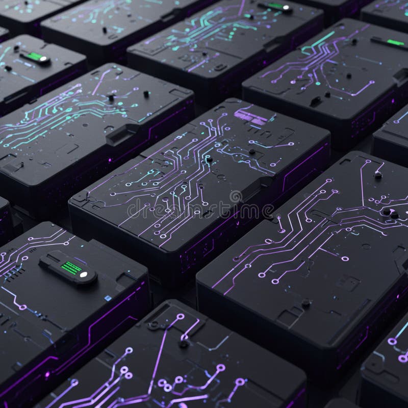 Rows of Dark Rectangular Panels Featuring Intricate Neon Circuit ...