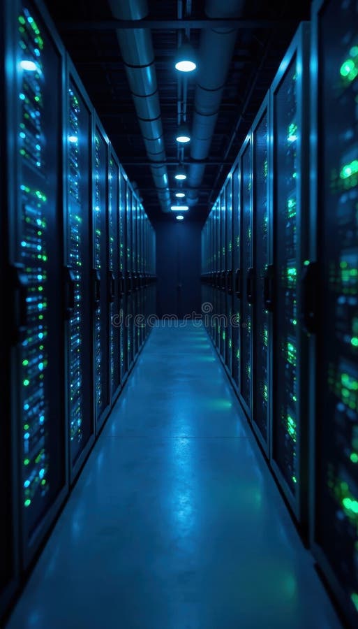 Rows of Data Center Servers, Blue and Green Lights Flashing , Blinking ...