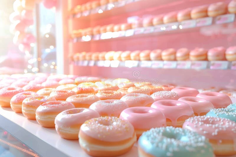 Rows of Decorated Donuts in Display Case. Generative AI Stock ...