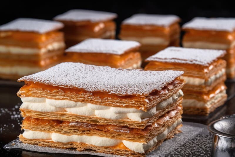 Rows of Delicate Mille-feuille with Powdered Sugar Stock Illustration ...