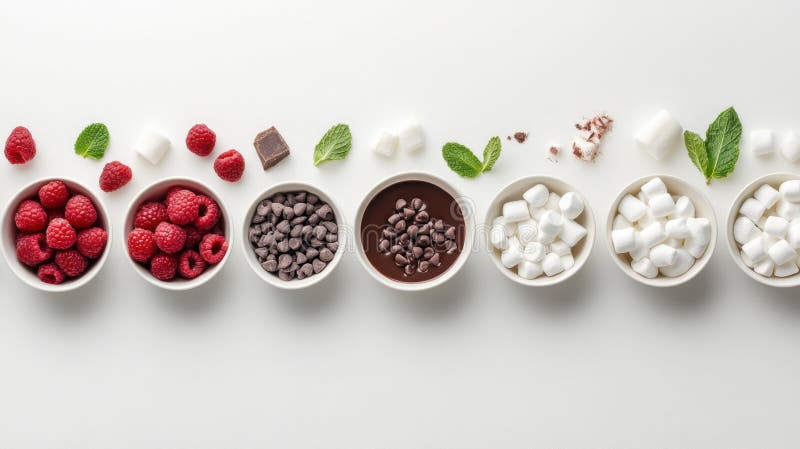 Rows of Dessert Ingredients with Raspberries, Chocolate, Sugar Cubes ...