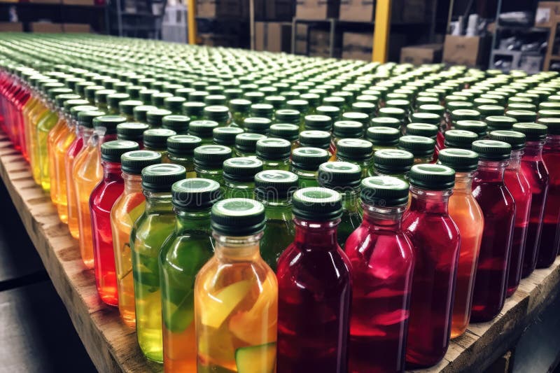 Rows of Different Juice Bottles Ready for Distribution on a Factory ...
