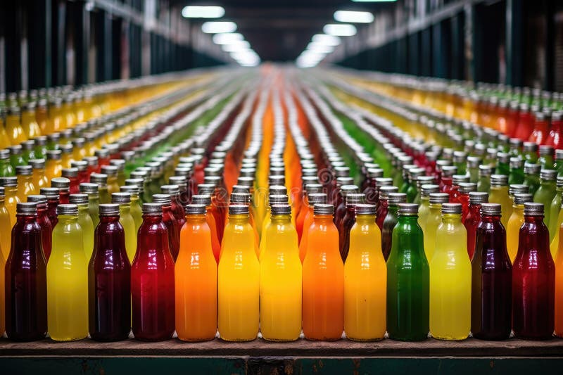 Rows of Different Juice Bottles Ready for Distribution on a Factory ...