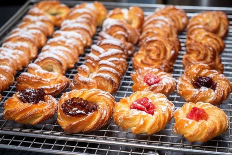 Rows of Different Types of Danish Pastries on Cooling Racks Stock Photo ...