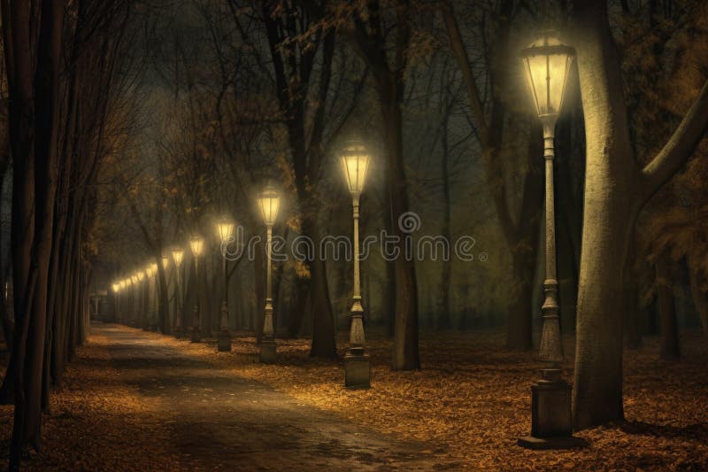 Rows of Dimly Lit Lampposts Along a Park Path Stock Illustration ...