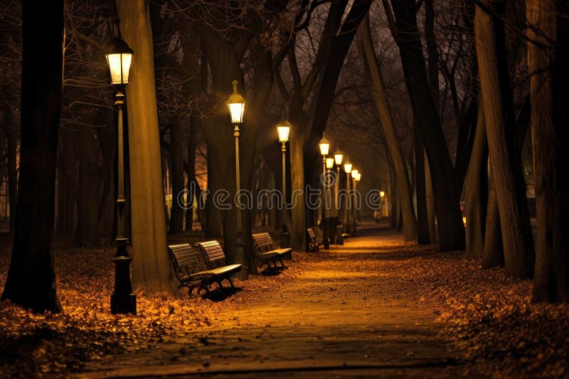 Rows of Dimly Lit Lampposts Along a Park Path Stock Illustration ...