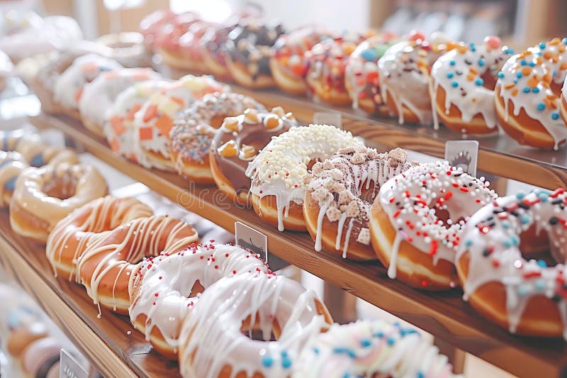 Rows of Donuts on Display Stand in Store. Generative AI Stock ...