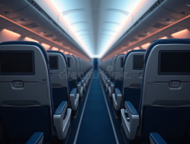 Airplane Cabin Interior Showcasing Empty Seats and Dim Lighting during ...