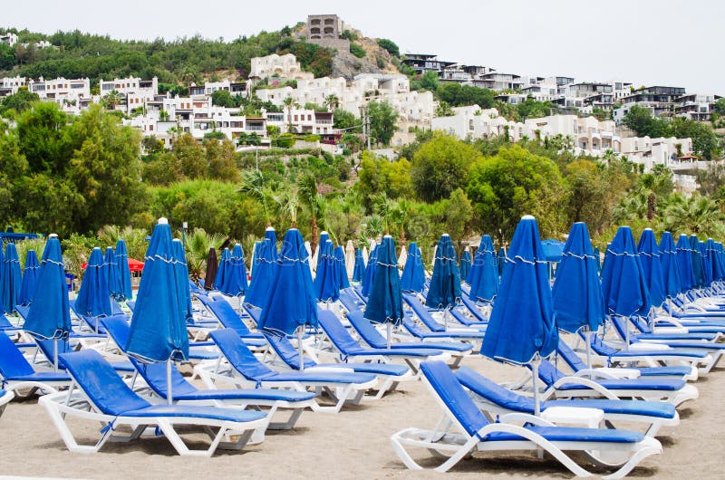 Rows of Empty Blue Sun Loungers and Umbrellas on the Beach. Camel Beach ...