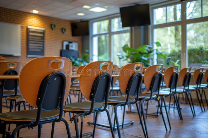 Rows of Empty Chairs Inside a Classroom with Large Windows and Sunlight ...