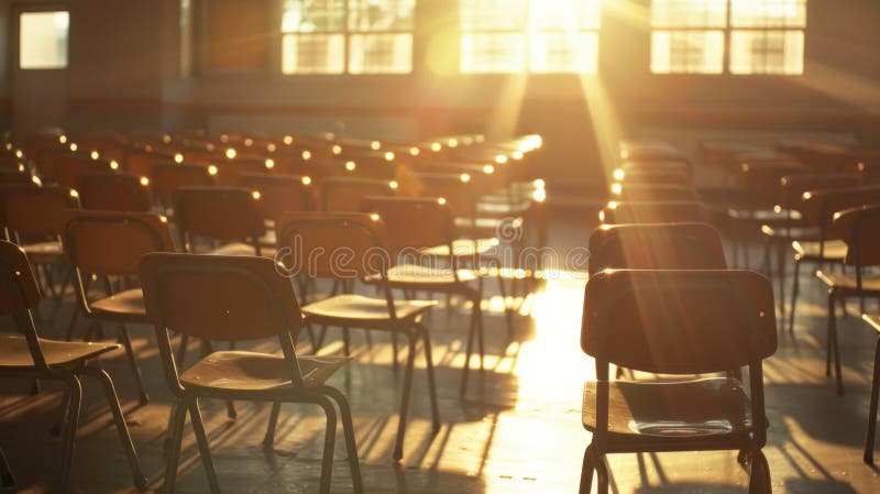 Rows of Empty Classroom Chairs Bathed in Golden Sunlight Stock ...