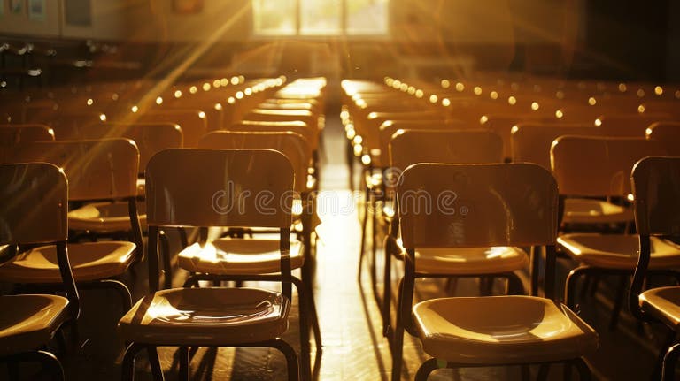 Rows of Empty Classroom Chairs Bathed in Golden Sunlight Stock ...