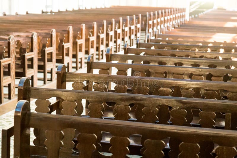 Rows of Empty Pew Benches Inside Chapel Church Stock Image - Image of ...