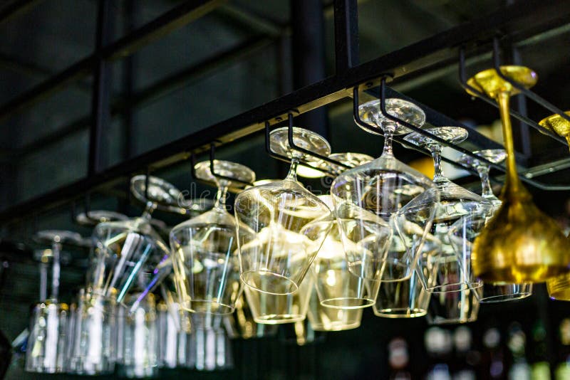 Rows of Empty Wine Glasses on the Bar Counter in the Restaurant or Bar ...