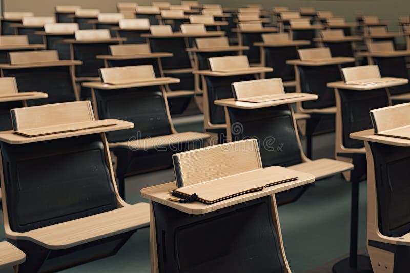 Rows of Empty Wooden Lecture Chairs in a Modern Classroom Setting, with ...