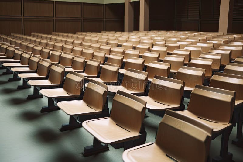 Rows of Empty Wooden Lecture Chairs in a Modern Classroom Setting, with ...