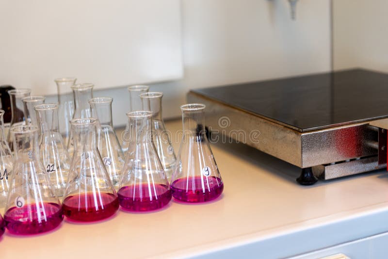 Rows of Erlenmeyer Flasks Filled with Permanganate. Laboratory ...