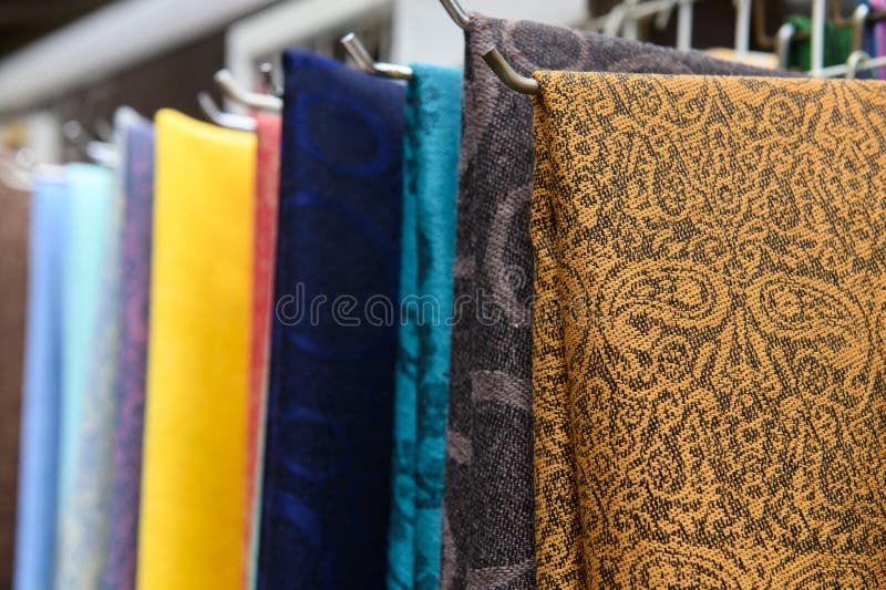 Rows of Fabrics Hanging at a Market Stall Stock Photo - Image of cotton ...