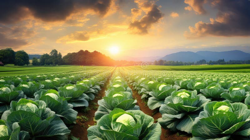 Rows Field Cabbage Vegetable Stock Illustration - Illustration of scene ...