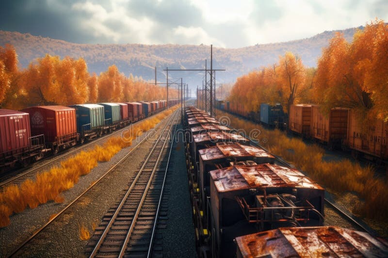 Rows of Freight Trains Carrying Cargo Stock Image - Image of cargo ...
