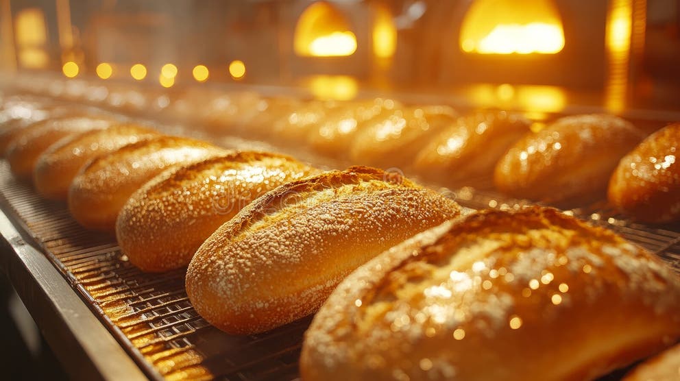 Rows of Fresh Bread Cooling in a Bakery. Stock Photo - Image of golden ...