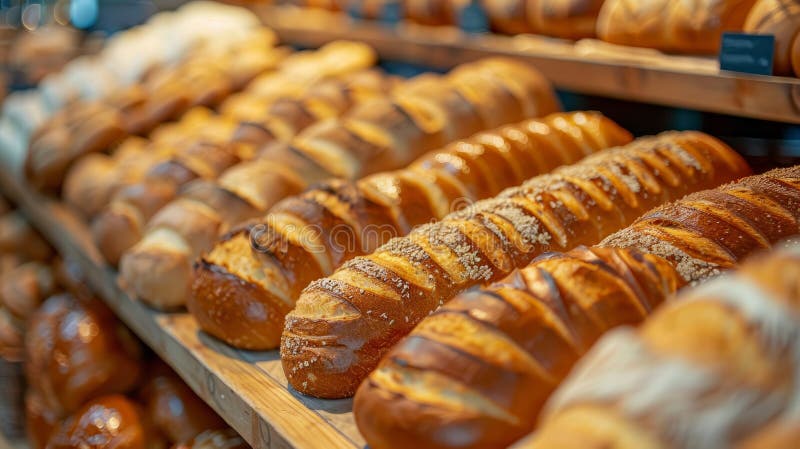 Rows of Fresh Bread on Display in a Bakery. Stock Photo - Image of ...