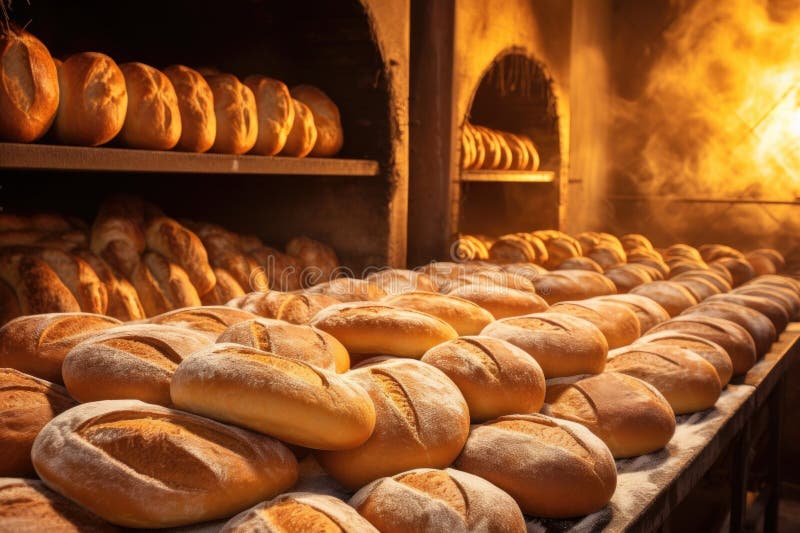 Rows of Fresh Bread Loaves Coming Out of a Bakery Oven Stock ...