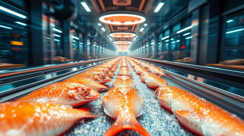 Rows of Fresh Fish on a Conveyor Belt in a Modern Processing Facility ...