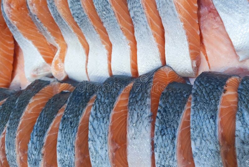 Rows of Fresh Raw Salmon Chunks Stock Photo - Image of product ...