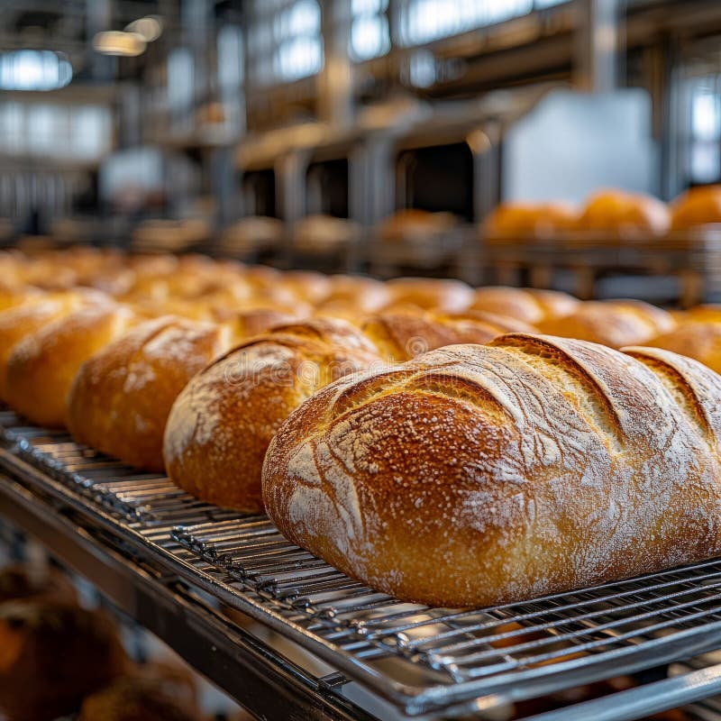 Rows of Freshly Baked Bread Cooling in a Bakery. Stock Photo - Image of ...