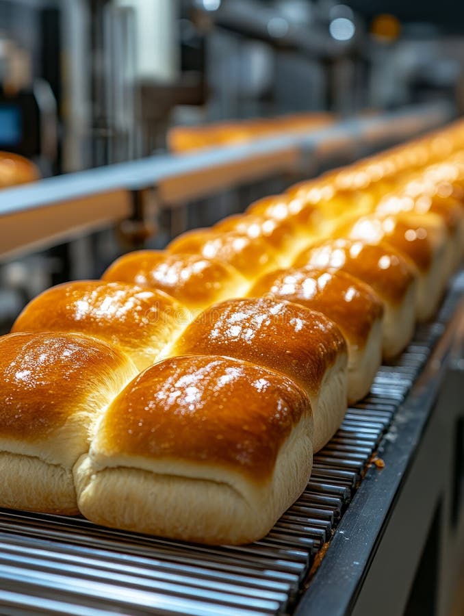 Rows Freshly Baked Bread Loaves Bakery Conveyor Stock Photos - Free ...