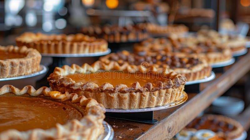 Rows of Freshly Baked Pies on Display in a Bakery. Stock Photo - Image ...