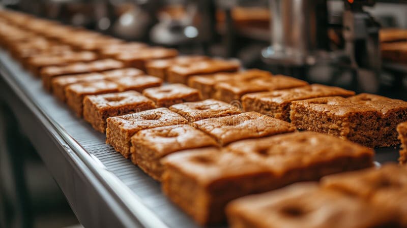 Rows of Freshly Baked Square Cakes on a Conveyor Belt in a Bakery ...