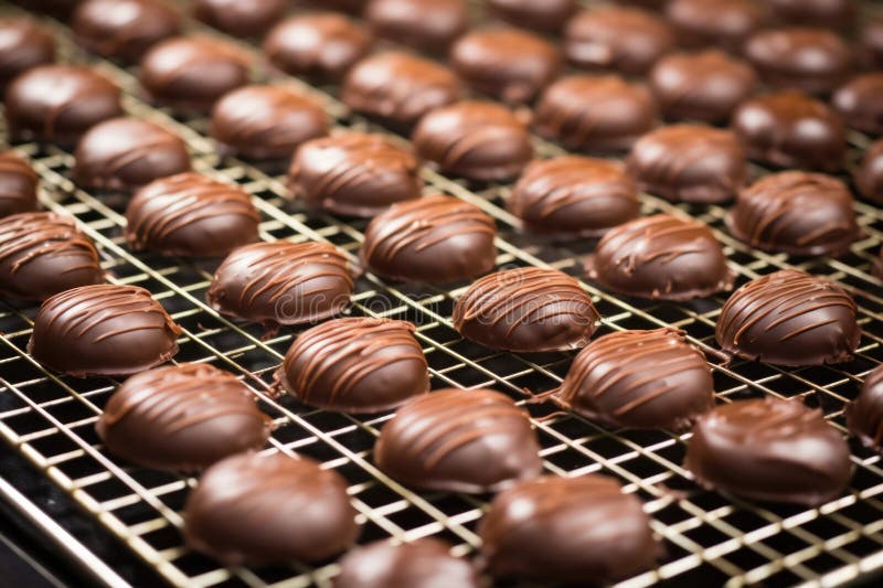 Rows of Freshly Made Chocolate Shells Cooling on a Rack Stock Photo ...