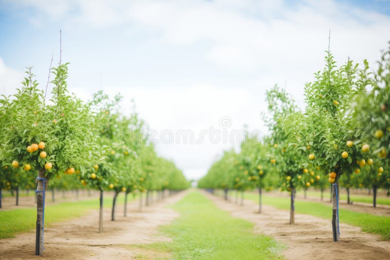 Rows of Fruit Trees in a Well-maintained Orchard Stock Image - Image of ...