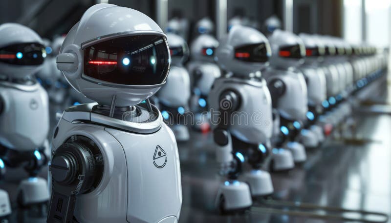 Rows of Futuristic Robots Demonstrate Hightech Automation in a Modern ...
