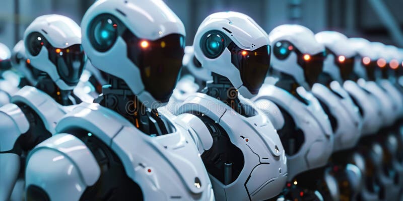 Rows of Futuristic Robots Demonstrate Hightech Automation in a Modern ...
