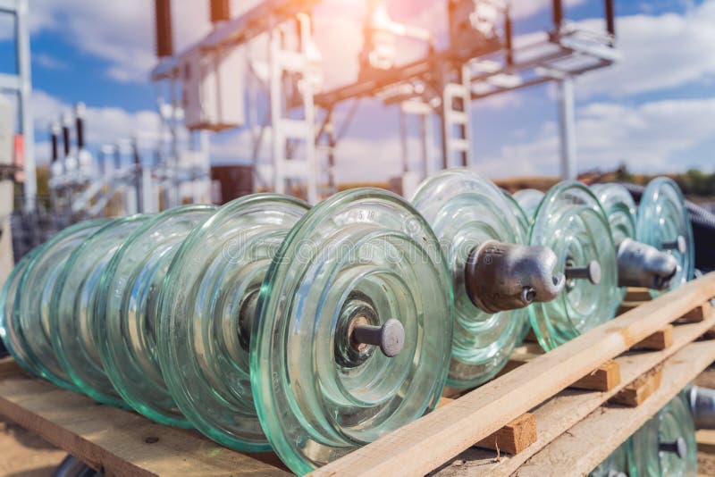 Rows of Glass Insulators for High Voltage Power Line Stock Image ...