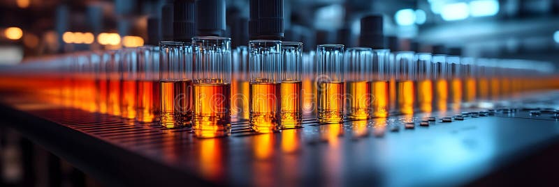 Rows of Glass Test Tubes Filled with Amber-colored Liquid,arranged in a ...