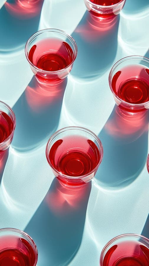 Rows of Glasses with Red Liquid Casting Long Shadows Stock Photo ...