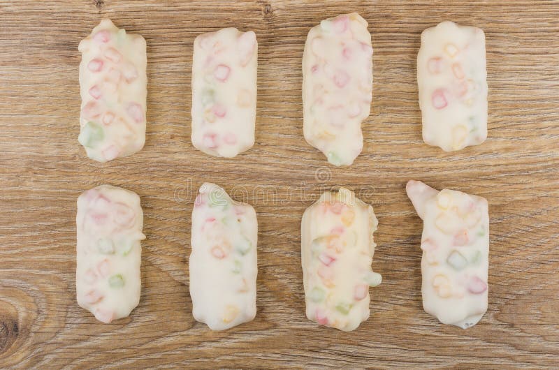 Rows of Glazed Cookies with Candied Fruit on Wooden Table Stock Image ...