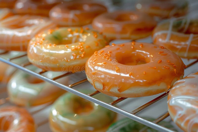 Rows of Glazed Donuts on Bakery Rack. Generative AI Stock Illustration ...