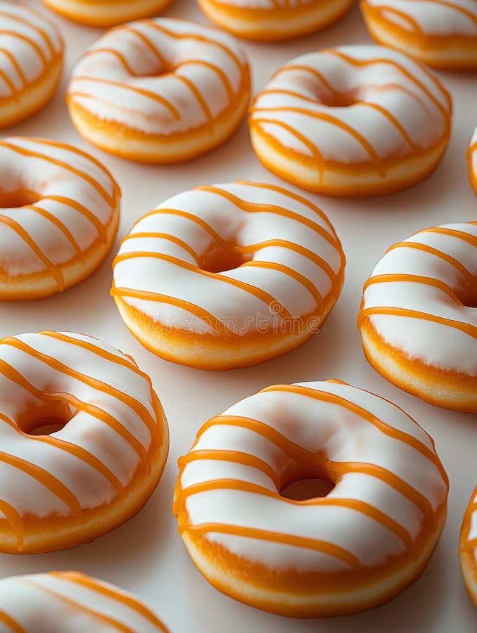 Rows of Glazed Donuts with White and Orange Icing Stock Image - Image ...