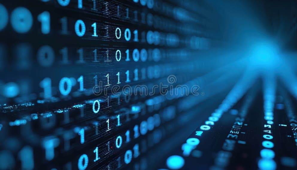 Rows of Glowing Blue Binary Digits Create a Digital Matrix Effect on Dark Background, Data Flow ...