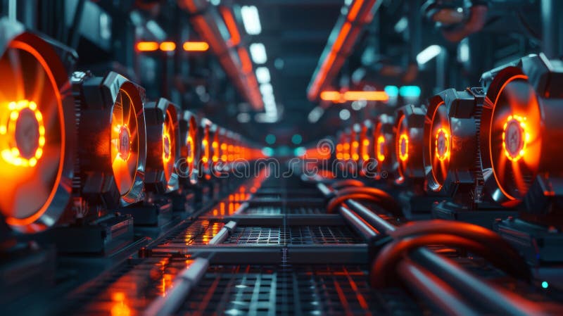 Rows of Glowing Cooling Fans in a Modern Data Center during Nighttime ...