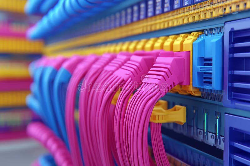 Rows of Glowing Fiber Optic Cables in a Data Center Symbolizing Fast ...